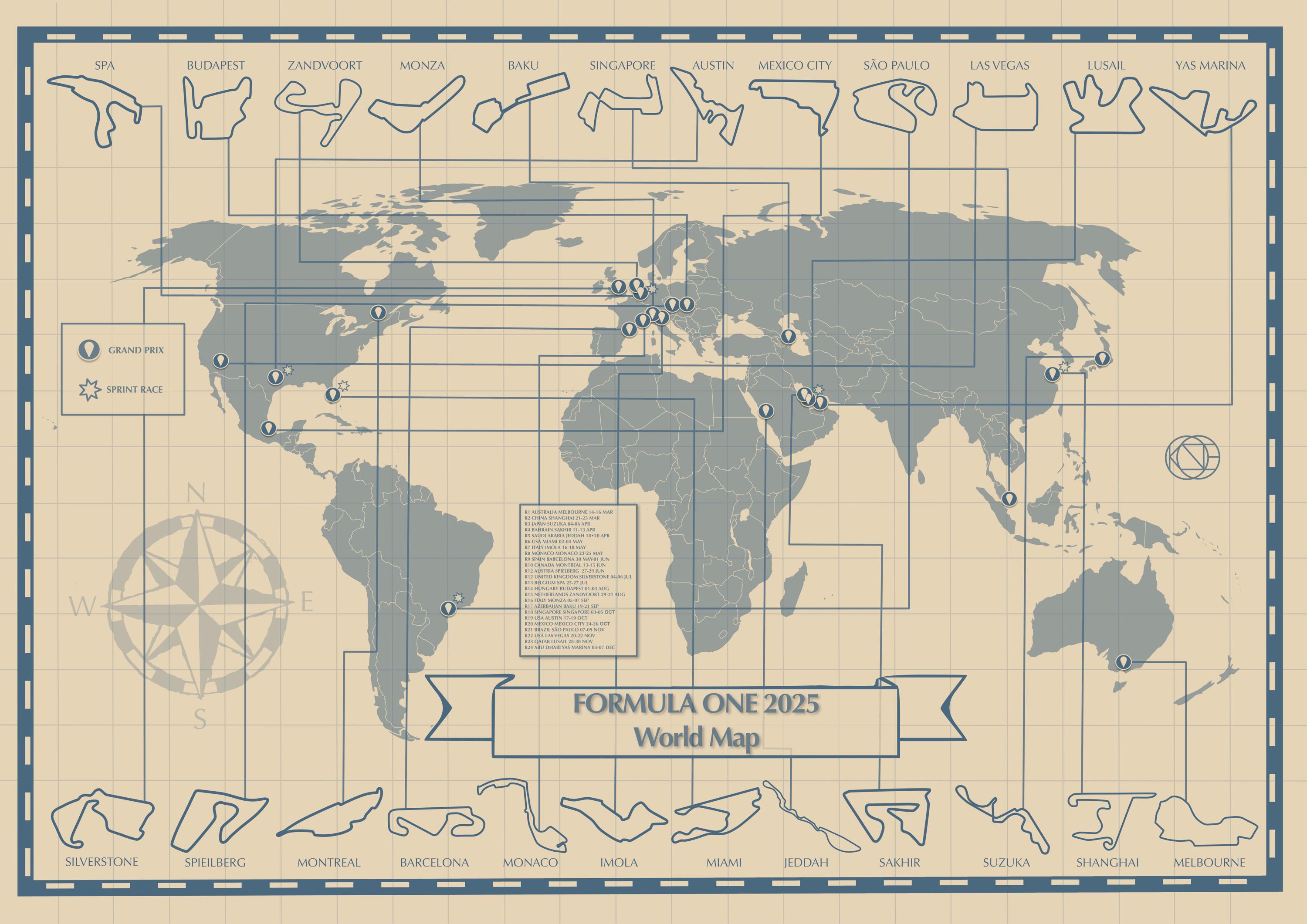 Formula One 2025 World Map - Etsy Australia