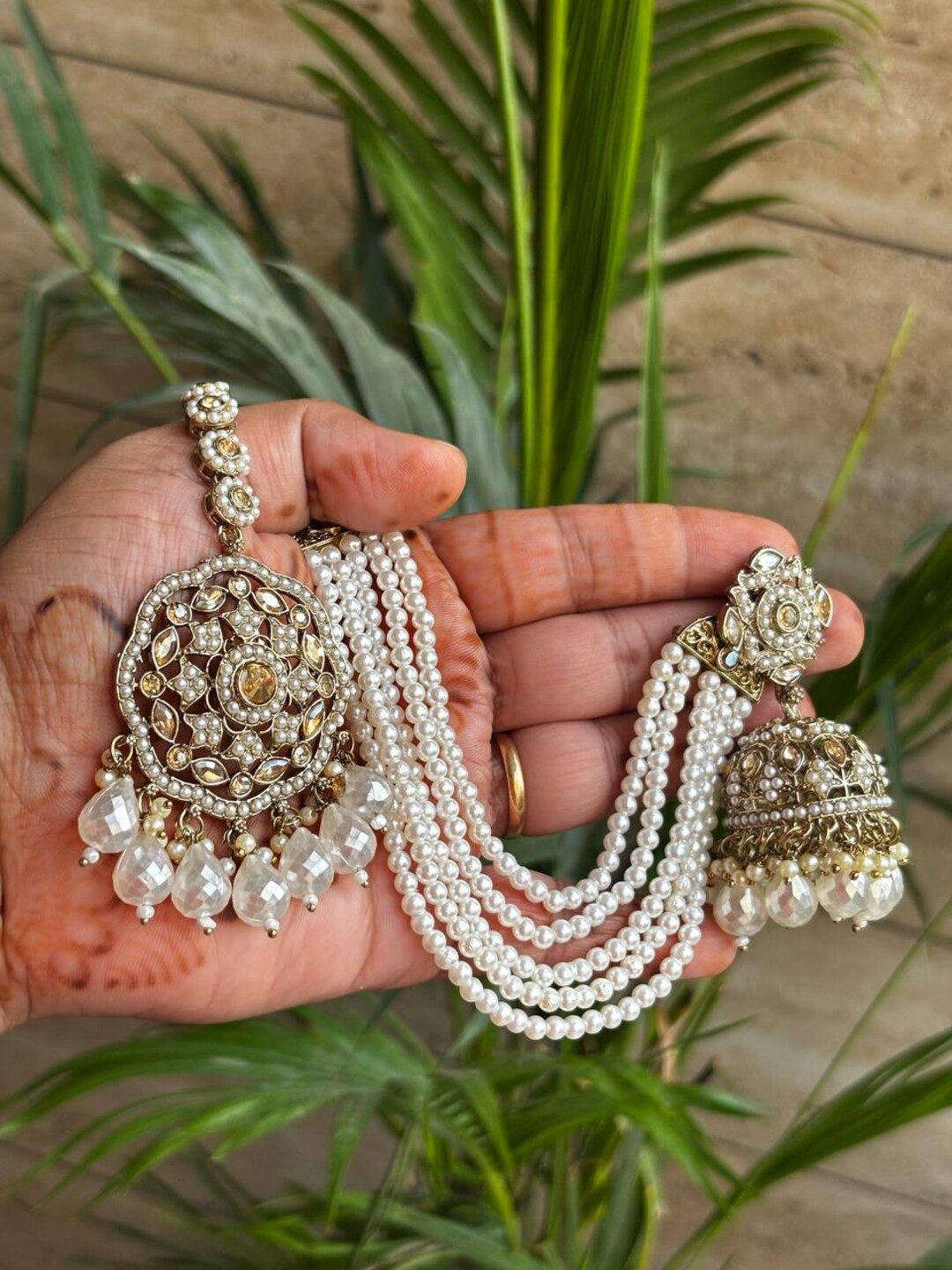Gold Jhumka Earrings Earchain and Tikka: American Diamond, CZ Indian ...