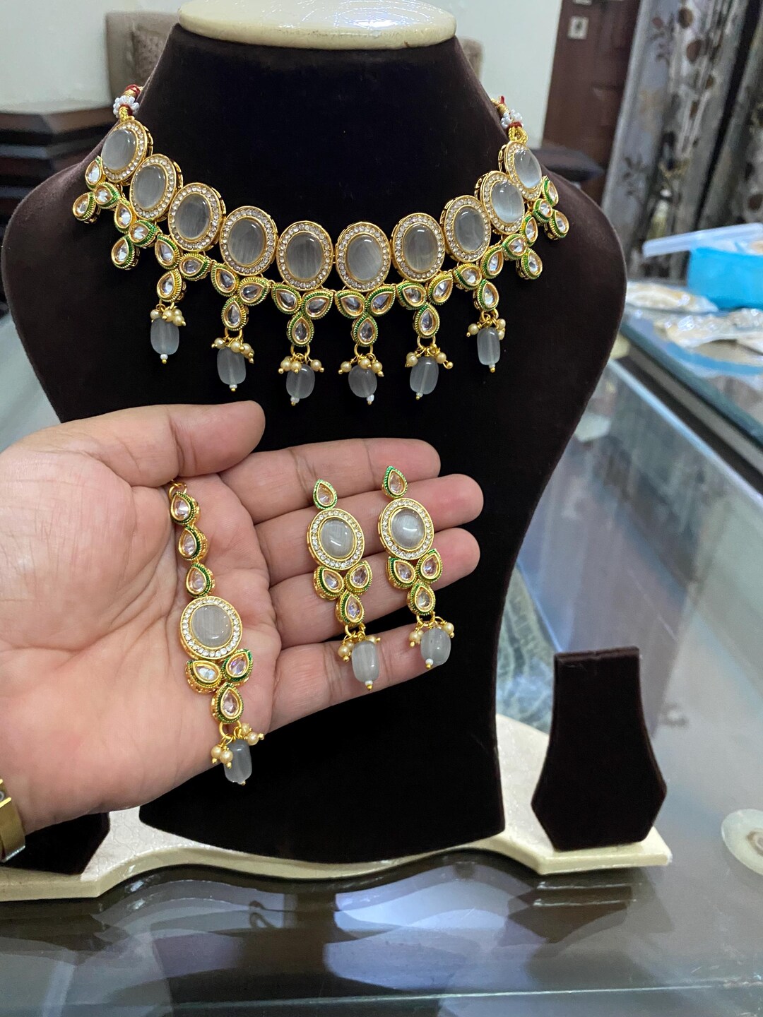 Indian Jaipuri Jewlery Set Grey White Jewelry Choker Set Gift Ethnic ...