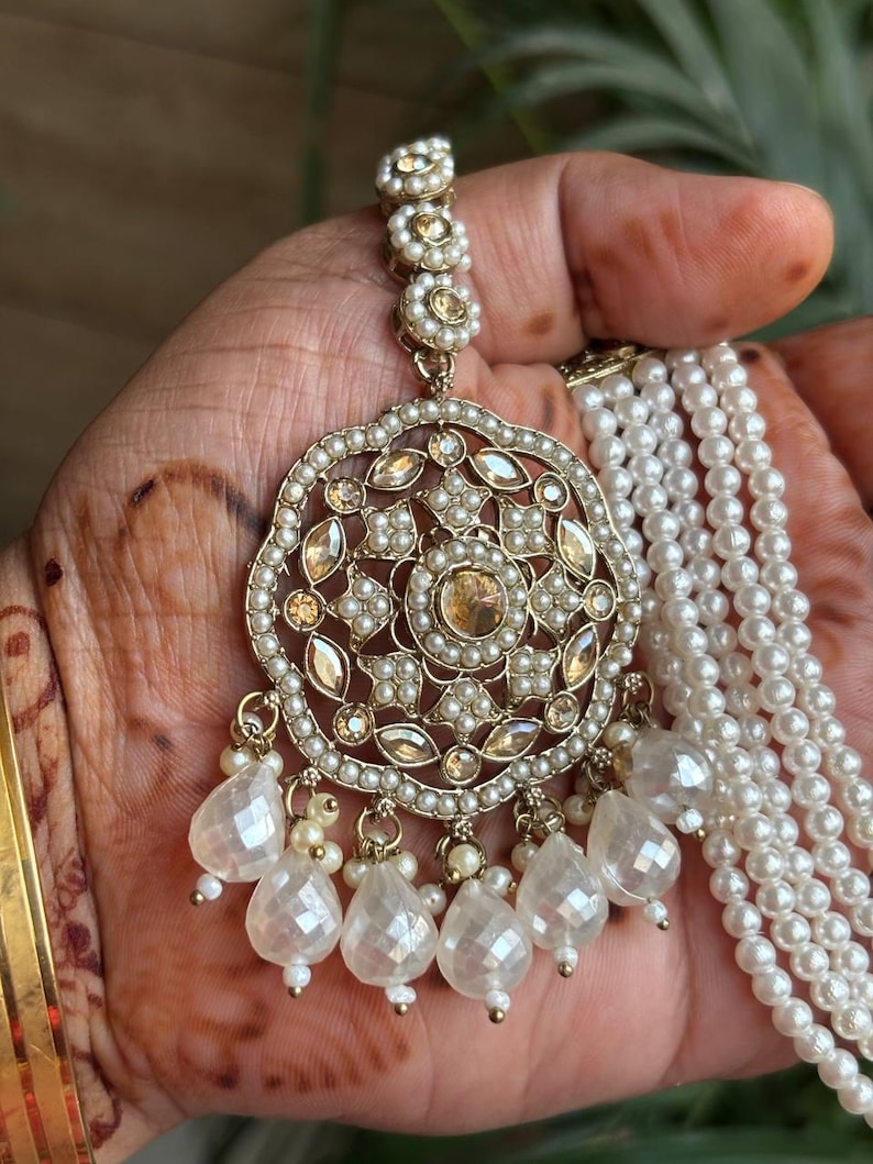 Gold Jhumka Earrings Earchain and Tikka: American Diamond, CZ Indian ...