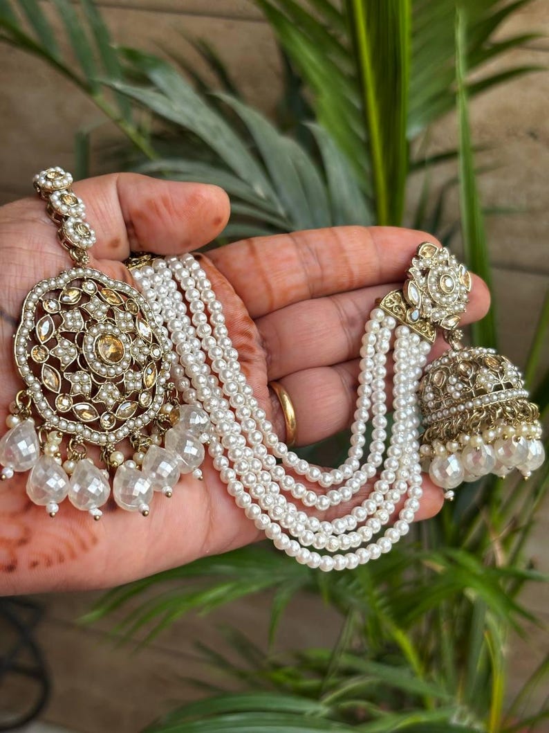 Gold Jhumka Earrings Earchain and Tikka: American Diamond, CZ Indian ...