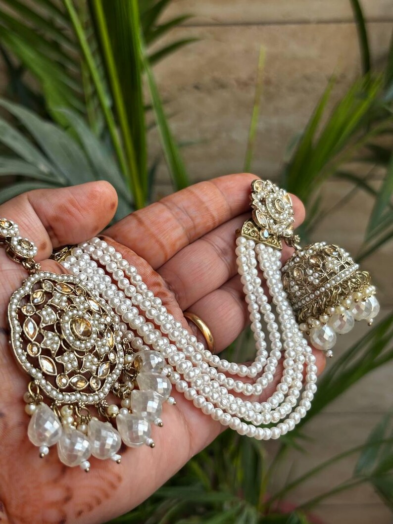 Gold Jhumka Earrings Earchain and Tikka: American Diamond, CZ Indian ...