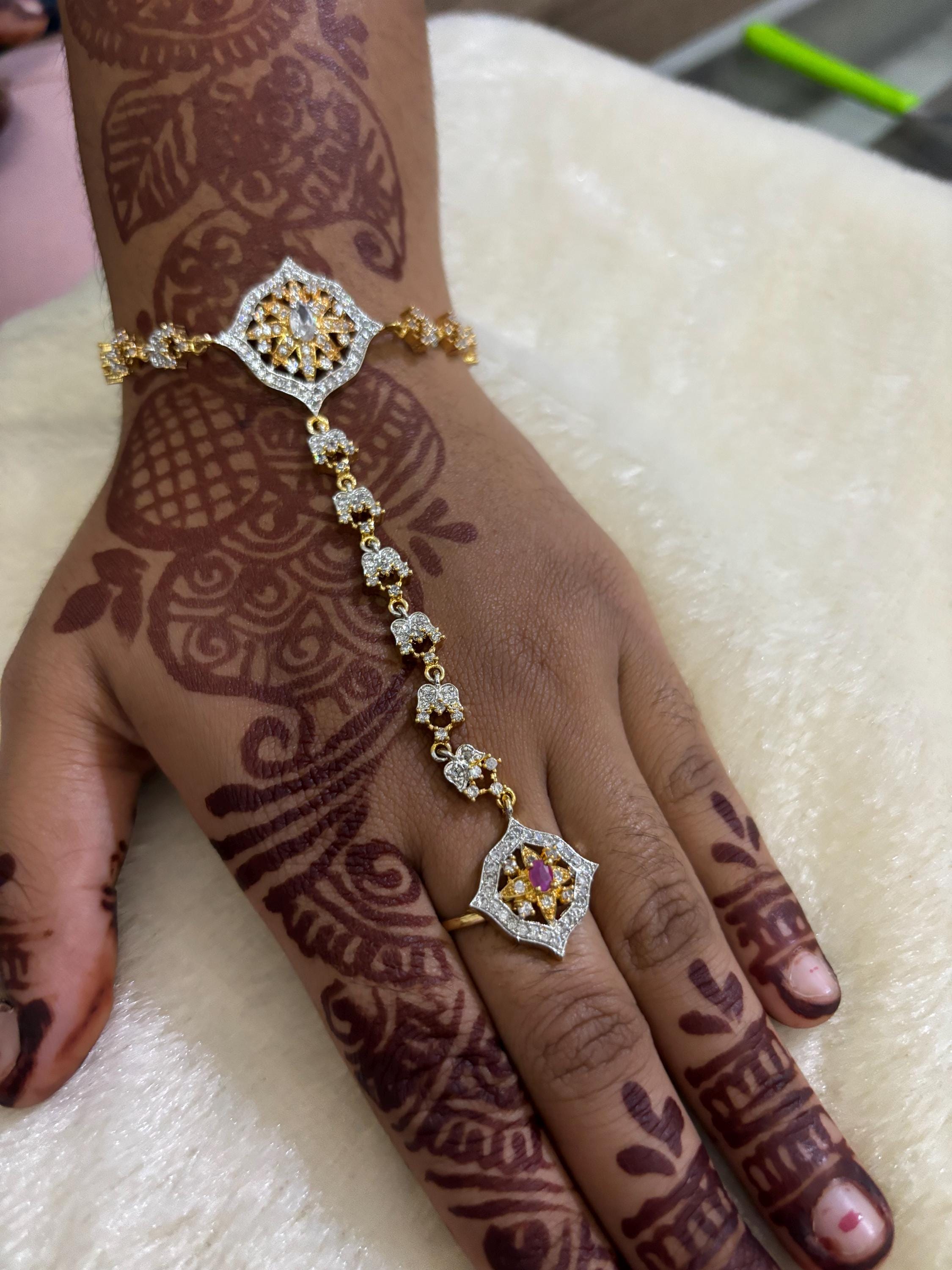 Indian Pakistani Hathphool, Gold Bridal Hand Piece Bracelet Adjustable ...