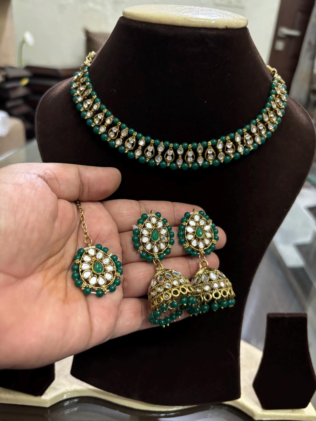 Indian Jaipuri Jewlery Set Green Jewelry Choker Jhumki Set Gift Ethnic ...