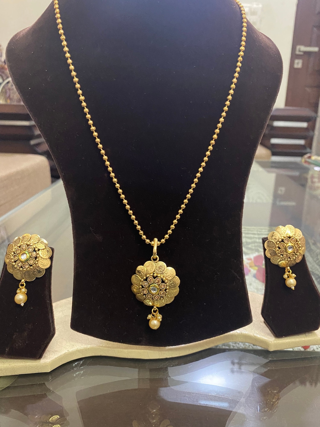 Long Matte Golden Pendent Chain South Indian Necklace Set/ Choker ...
