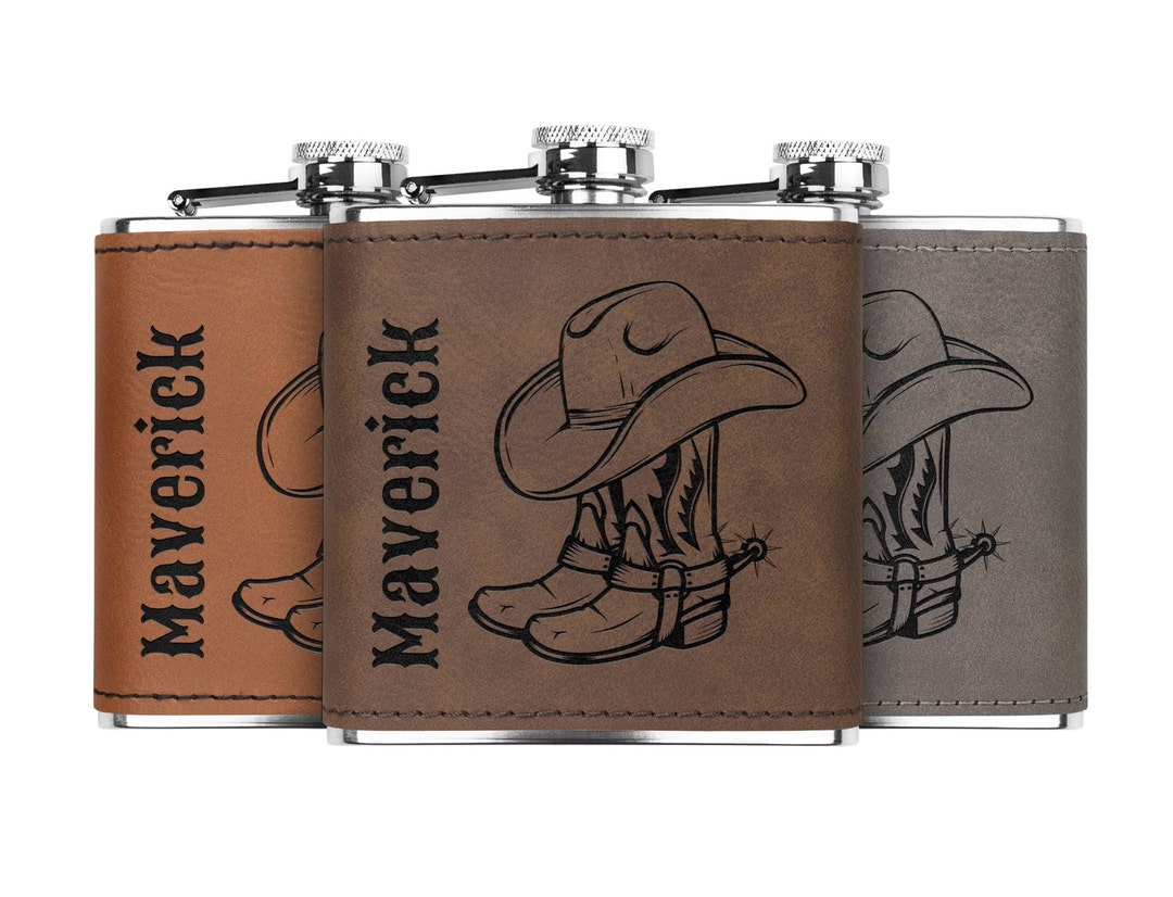 Custom Cowboy Boot Hat Flask, Personalized Leather Wrapped Stainless ...