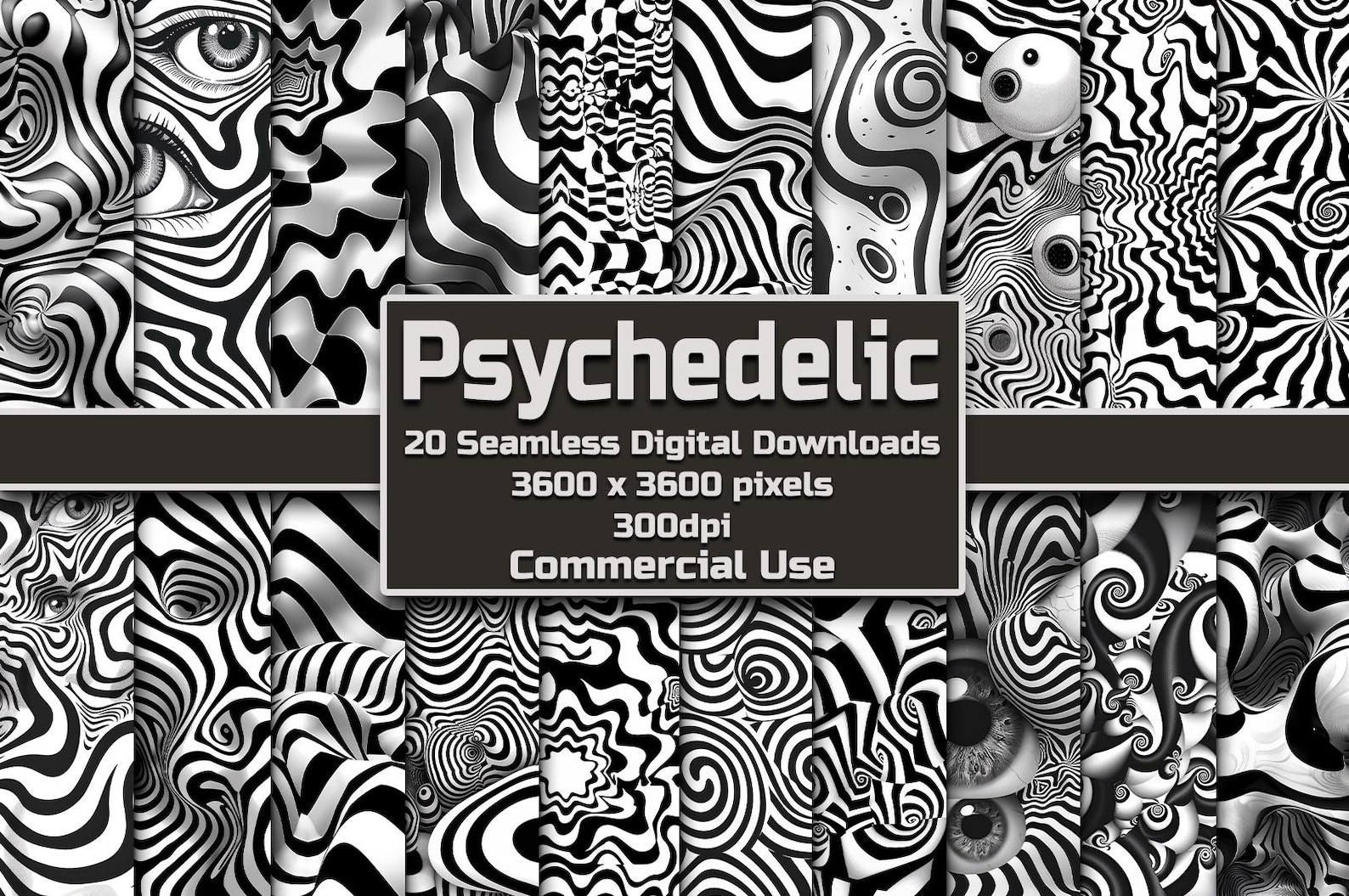 Trippy Black & White Seamless Pattern Digital Download Tile Background ...