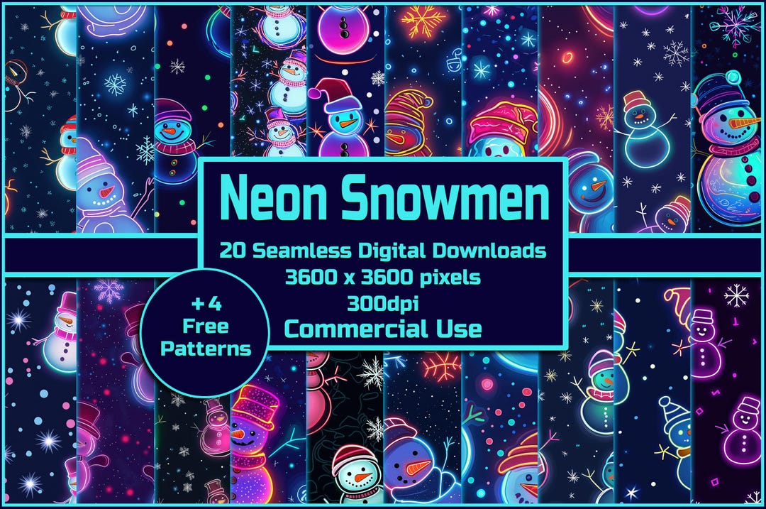 Neon Snowmen Seamless Pattern Digital Download Tile Background Winter ...
