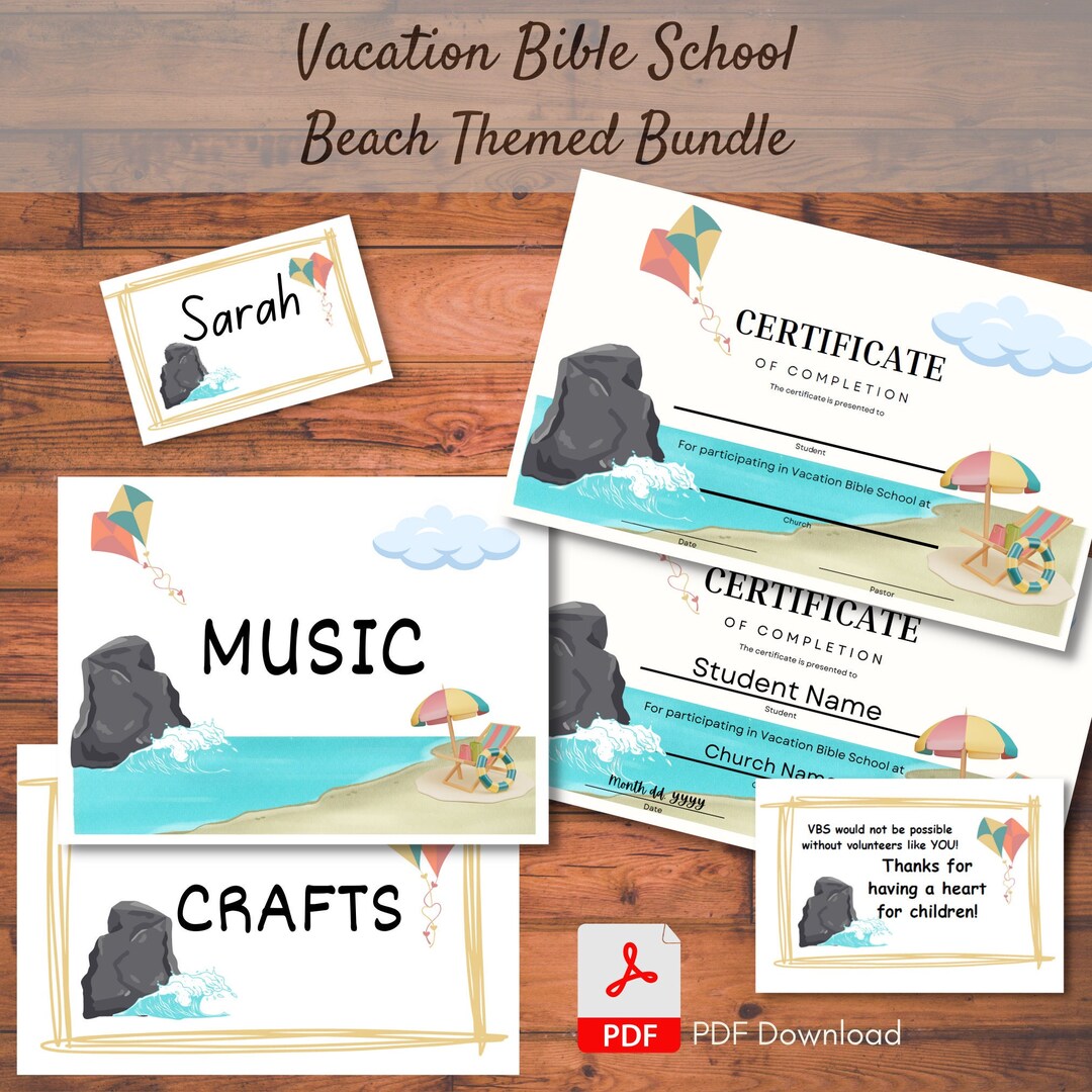 Vacation Bible School Beach Themed Bundle Name Tag, Completion ...