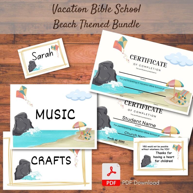 Vacation Bible School Beach Themed Bundle Name Tag, Completion ...