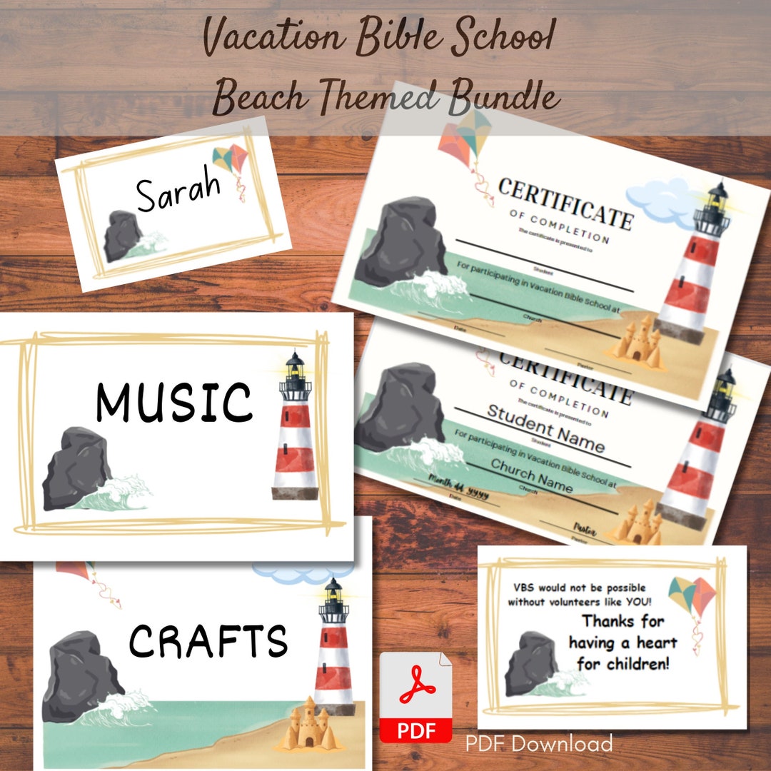 Vacation Bible School - Beach Themed Bundle - Name Tag, Completion ...