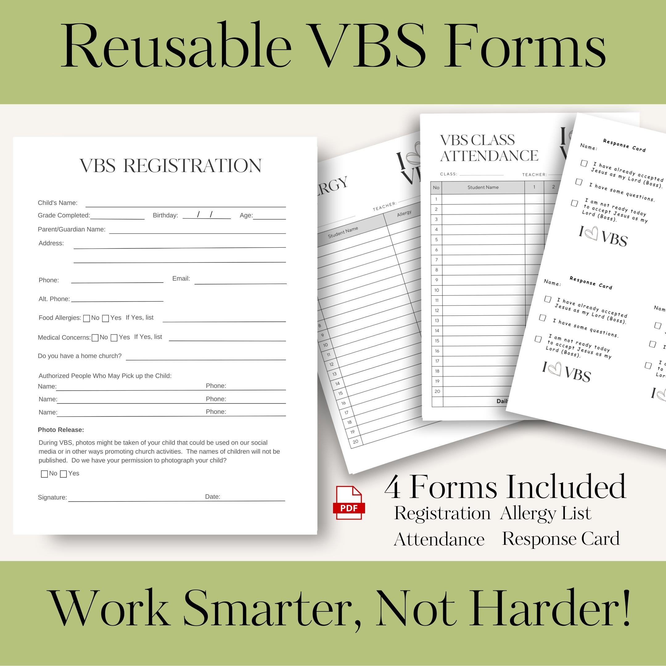 Vacation Bible School - Reusable Forms | Registration, Attendance Sheet ...