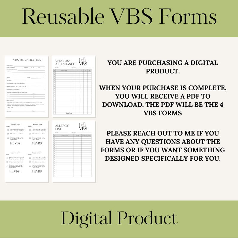 Vacation Bible School - Reusable Forms | Registration, Attendance Sheet ...