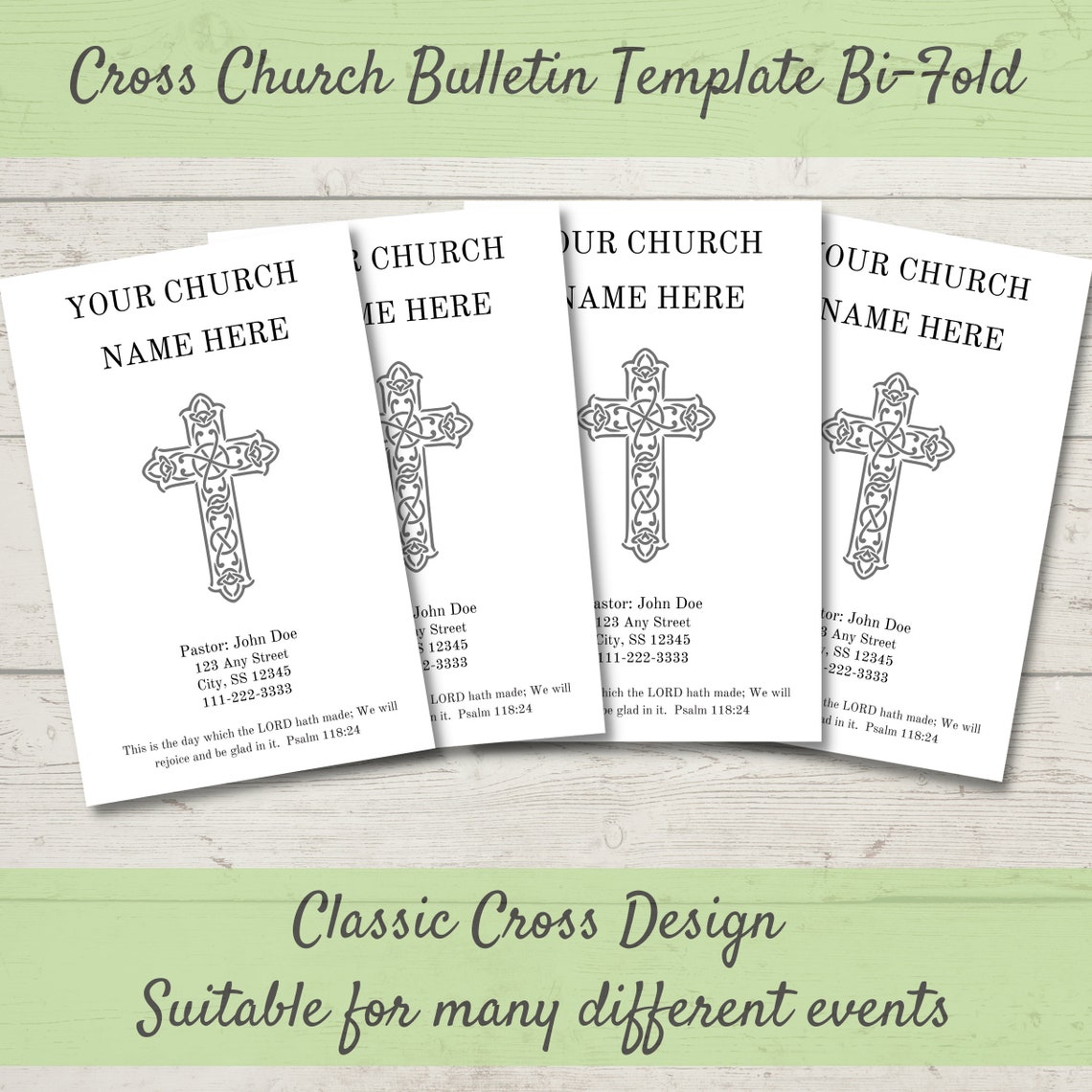 Church Bulletin Template | Bi-fold Decorative Cross Design | Edit in ...