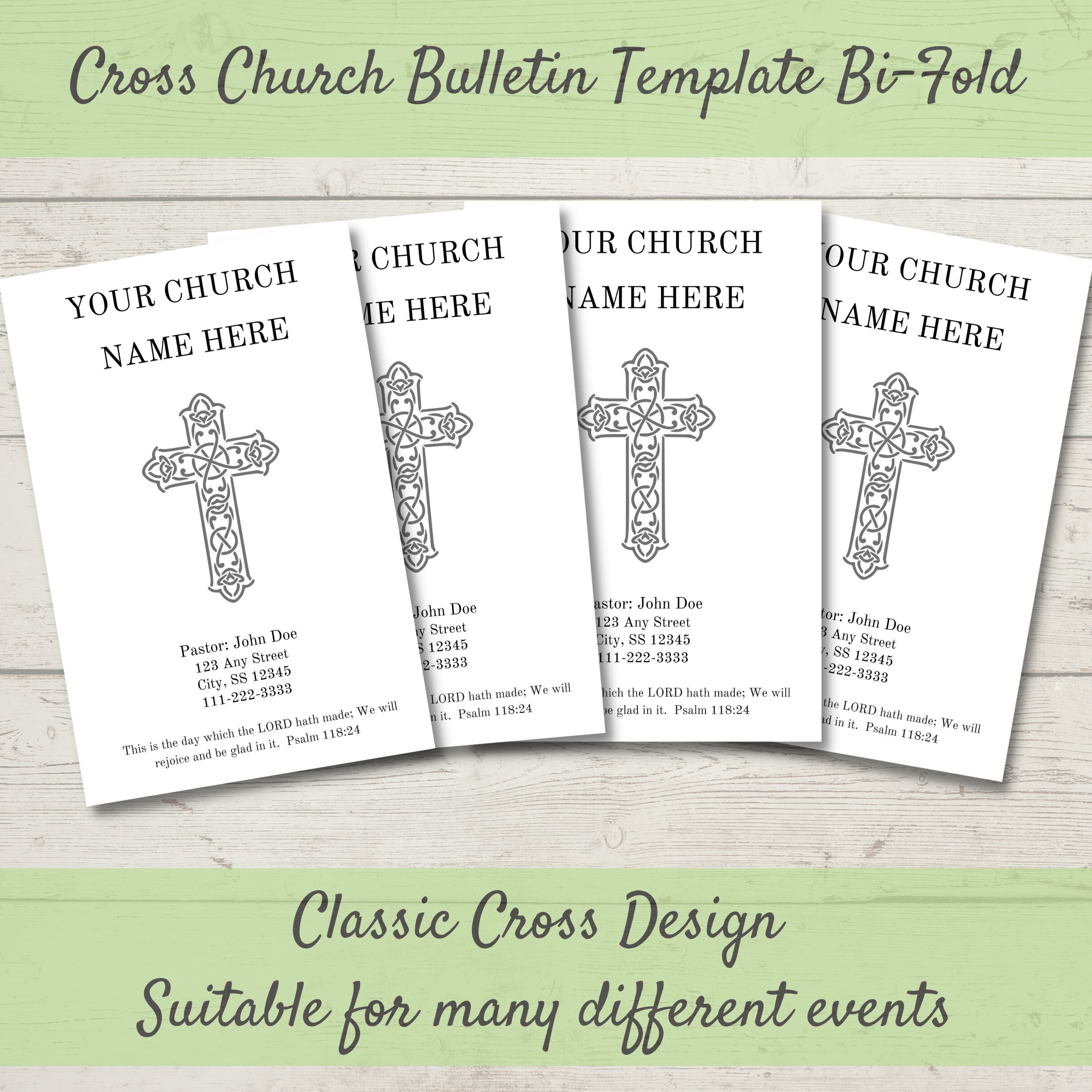 Church Bulletin Template | Bi-fold Decorative Cross Design | Edit in ...