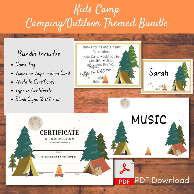 Kids Camp Printables Bundle – Name Tags, Certificate, Cards (digital ...