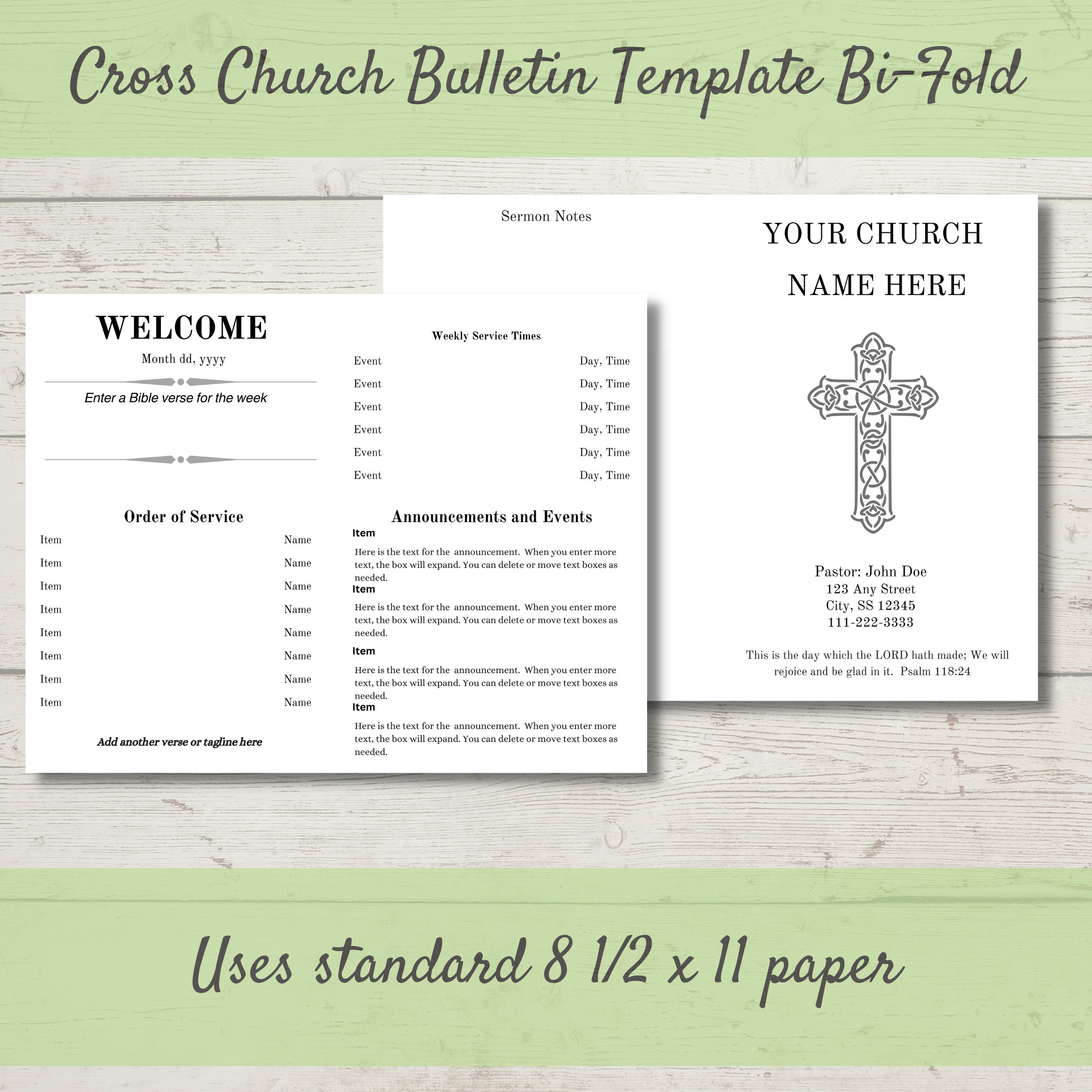 Church Bulletin Template | Bi-fold Decorative Cross Design | Edit in ...