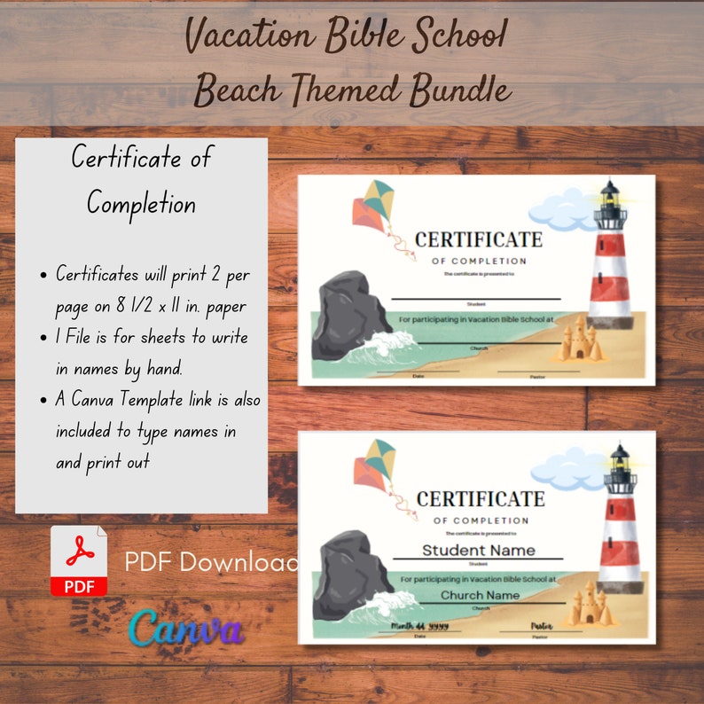 Vacation Bible School - Beach Themed Bundle - Name Tag, Completion Certificate, Volunteer ...