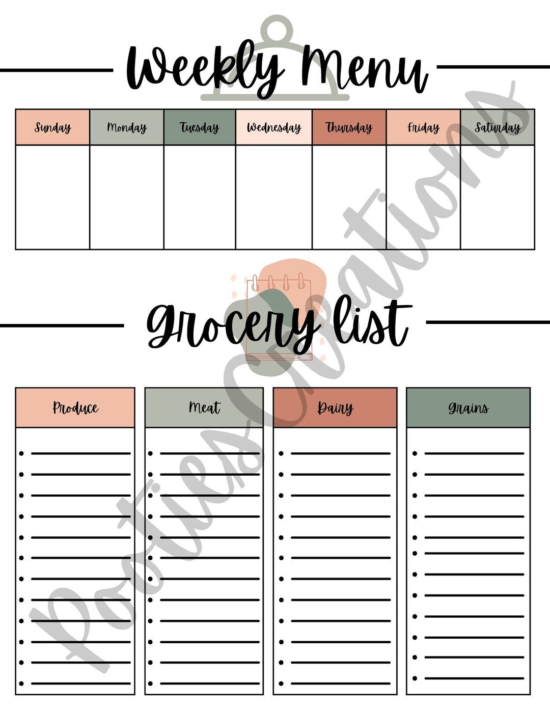 Weekly Menu With Grocery List - Etsy