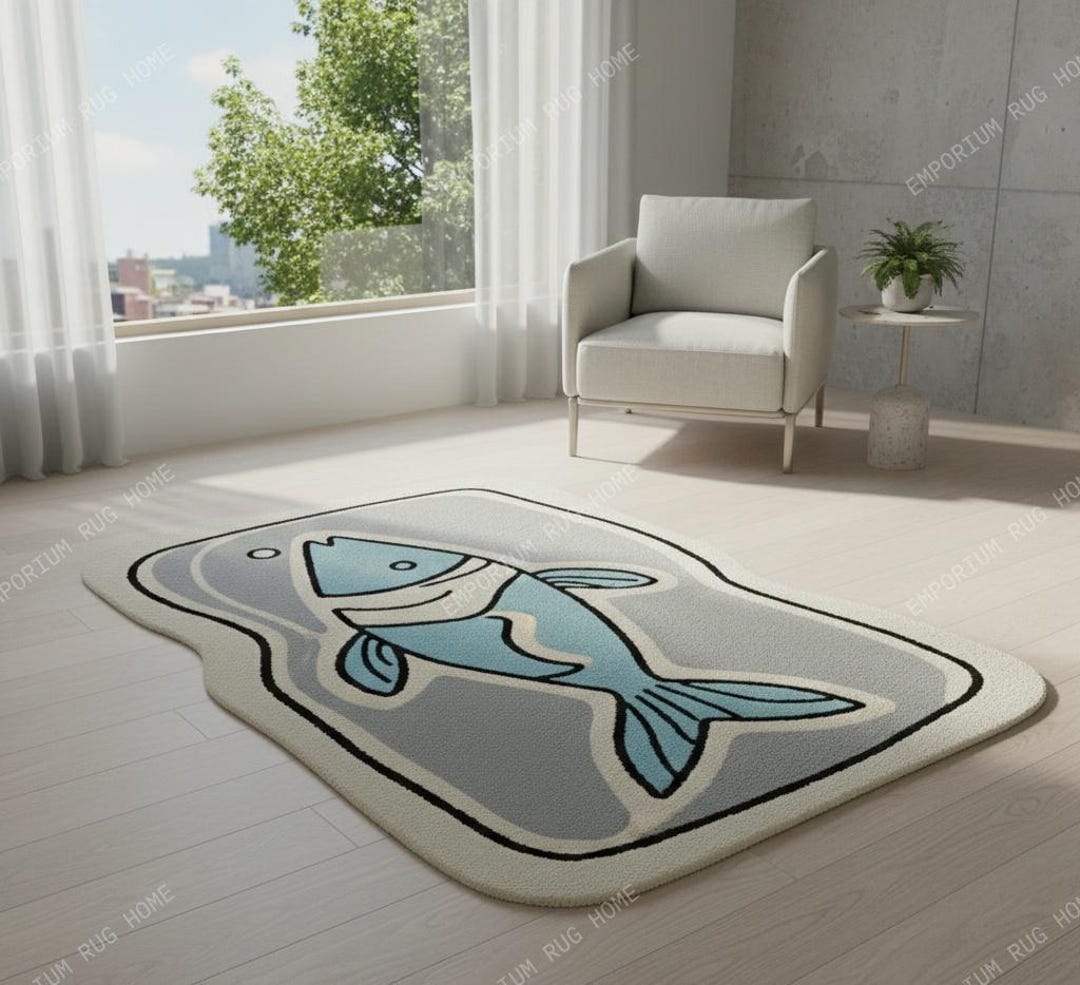 Hand Tufted Fish Shaped Area Rug- Unique Marine Design, Bathroom Mat ...