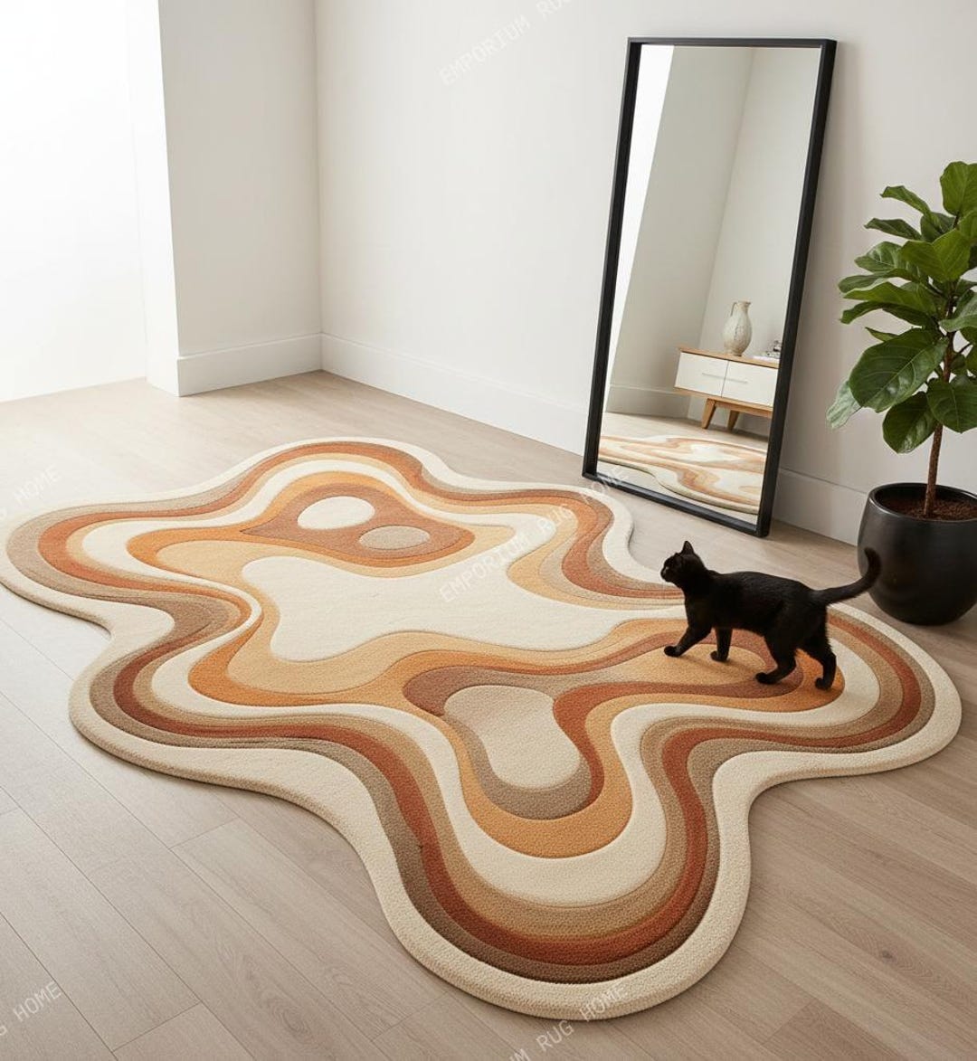 Retro Groovy Amoeba Shaped Abstract Area Rug With Earth Tone Irregular ...
