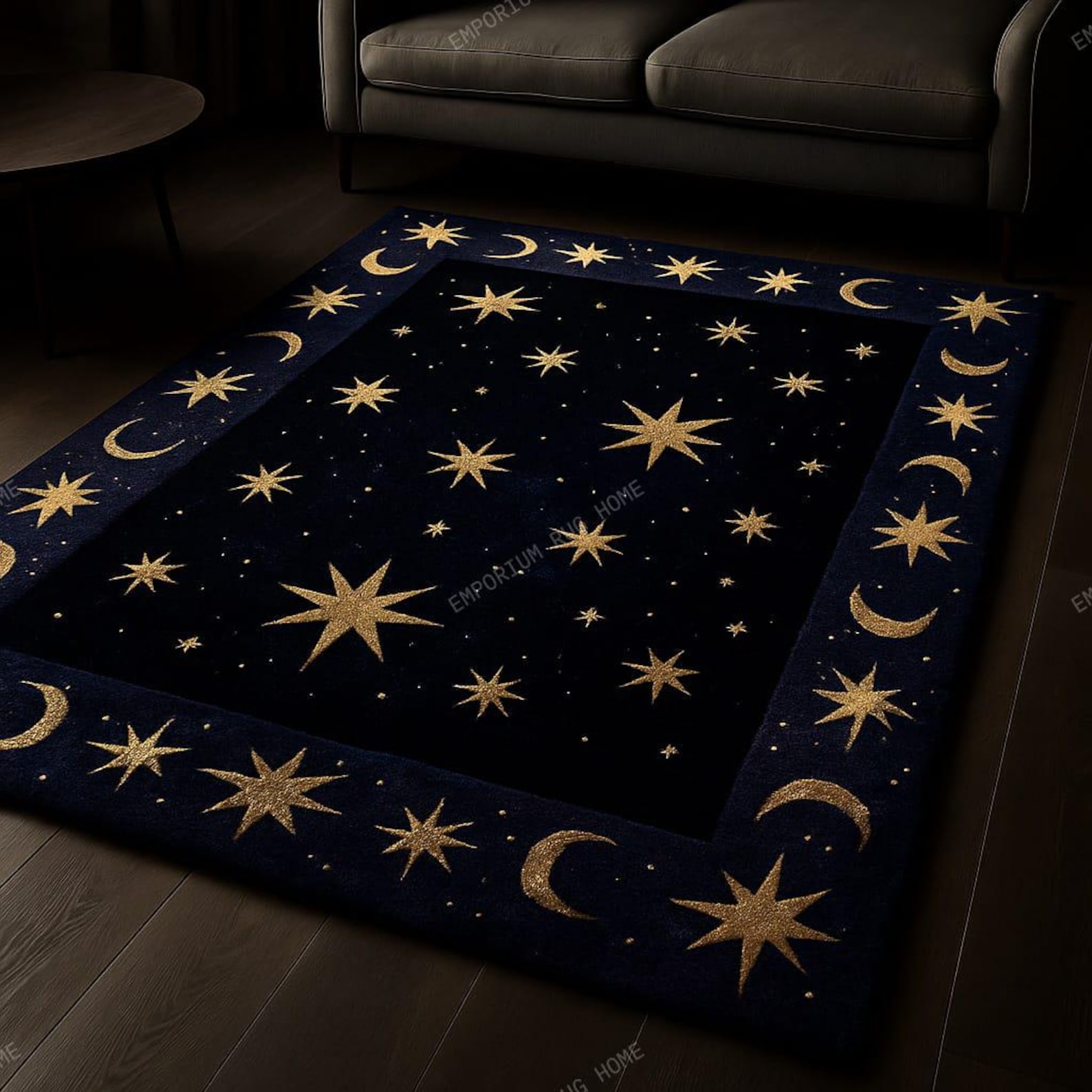 Celestial Moon and Star Wool Rug- Hand Tufted Dark Blue Navy Cosmic ...