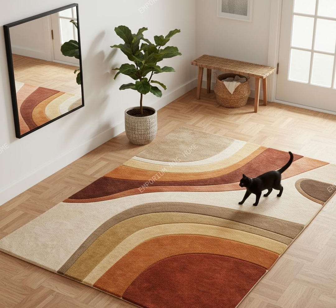 8x10 Modern Abstract Area Rug - Cream Beige Rust Wave Pattern Carpet ...