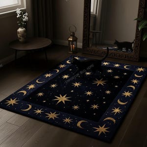 Celestial Moon and Star Wool Rug- Hand Tufted Dark Blue Navy Cosmic ...