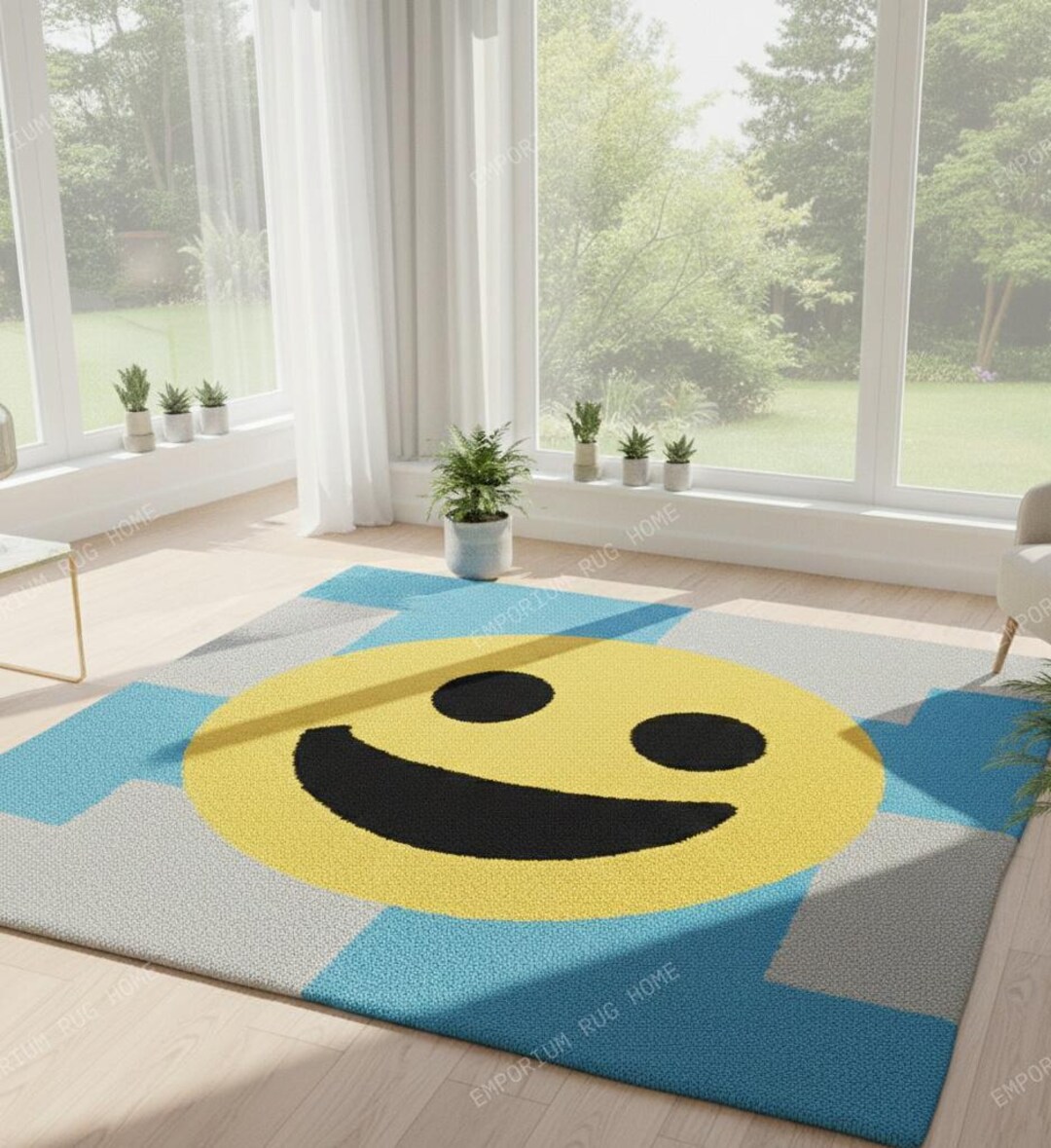 Smiley Face Rug - Modern Emoji Design Carpet, Yellow & Blue Geometric ...