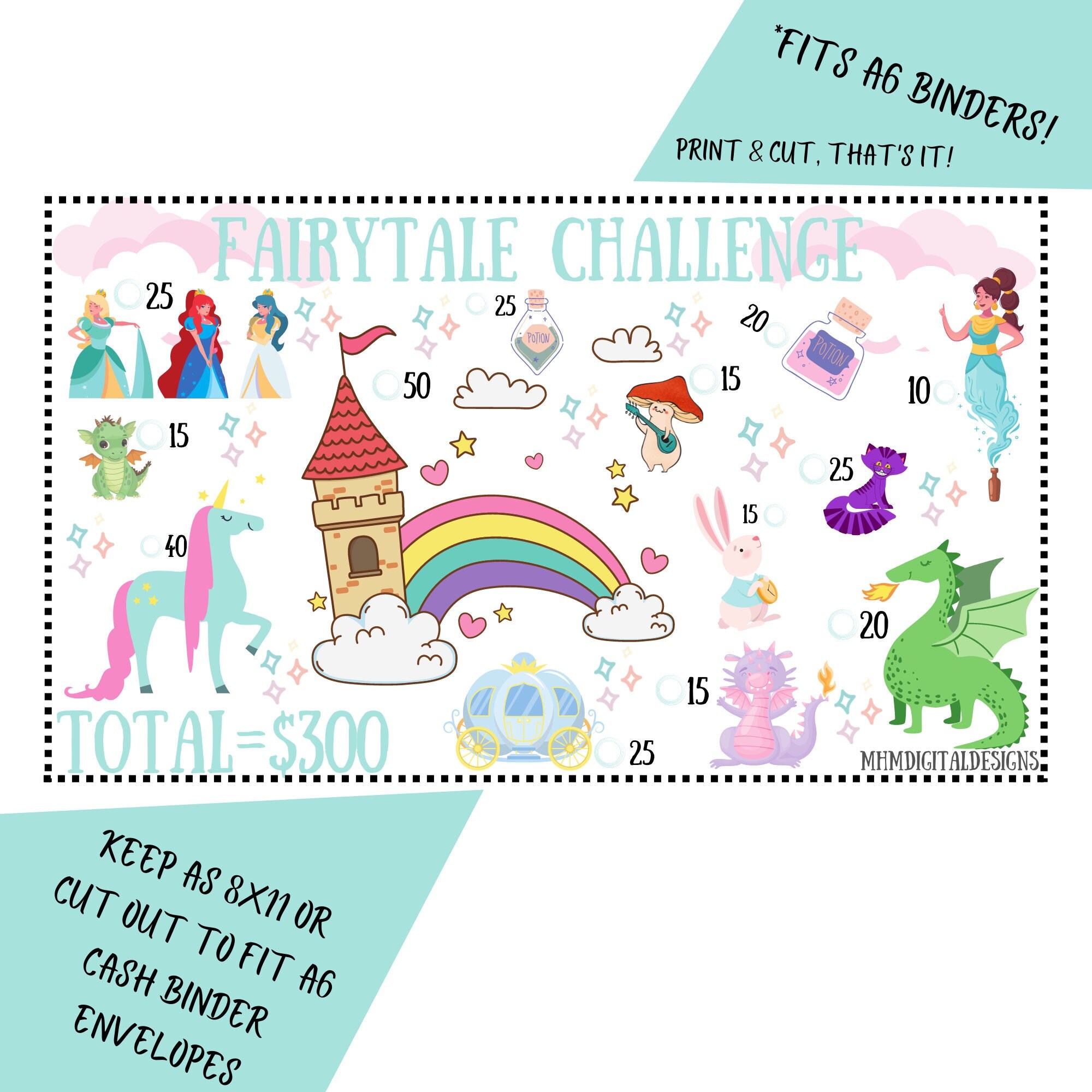 A6 Mini Saving Challenge Printable, Fairytale Princess, Instant ...