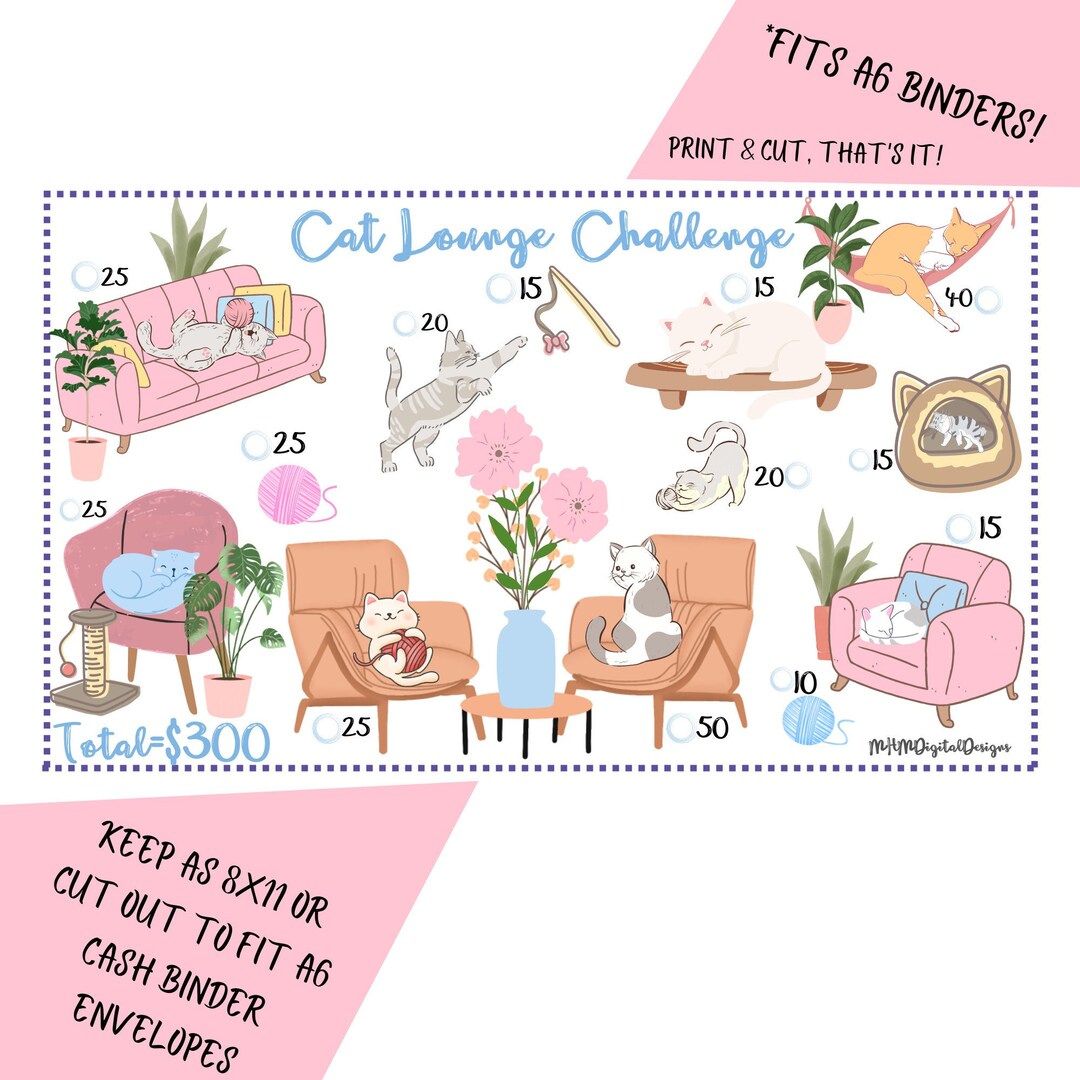 A6 Mini Saving Challenge Printable, Cat Café Lounge, Instant Download ...