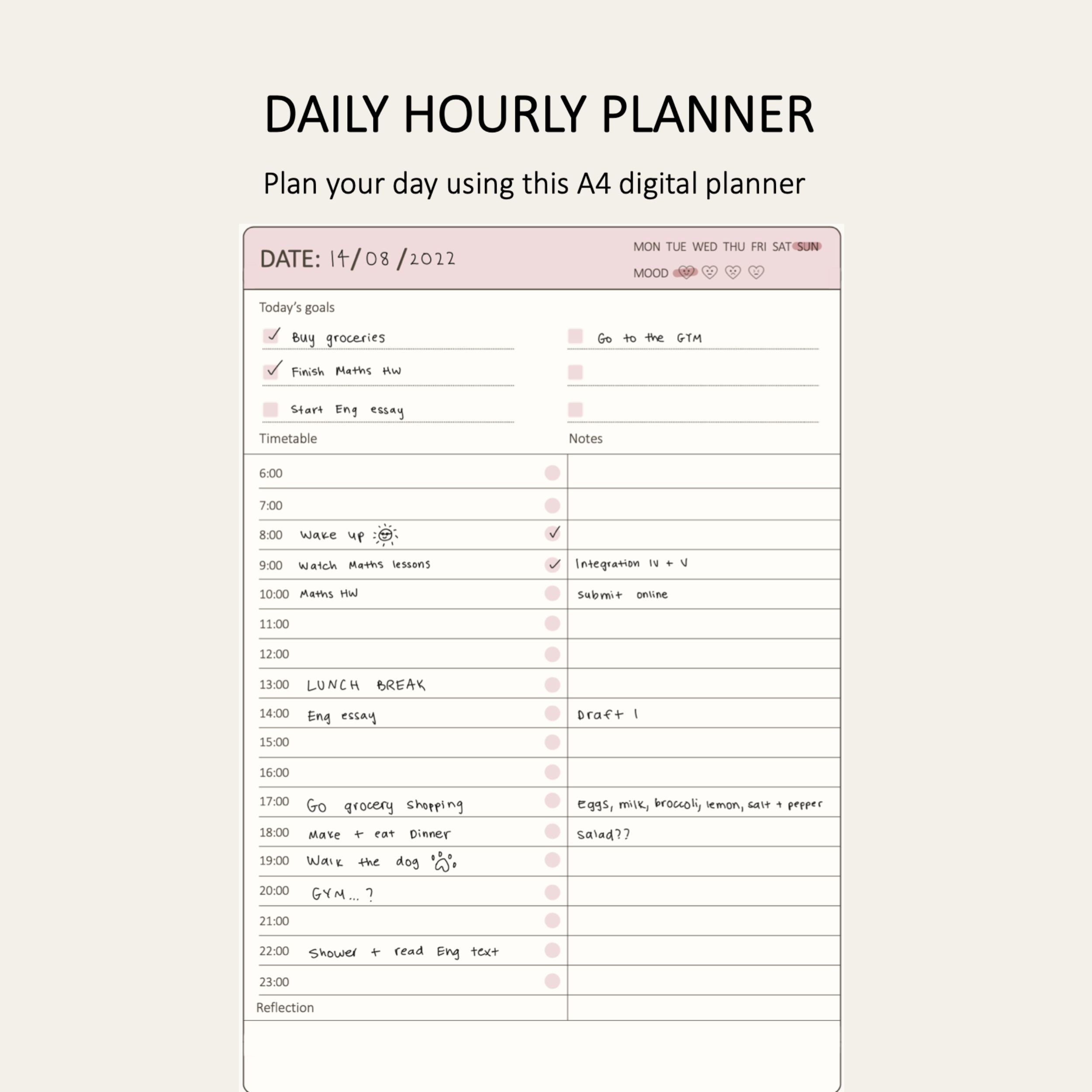 Daily Hourly Planner, Instant Download, Pink Digital Planner, Undated ...