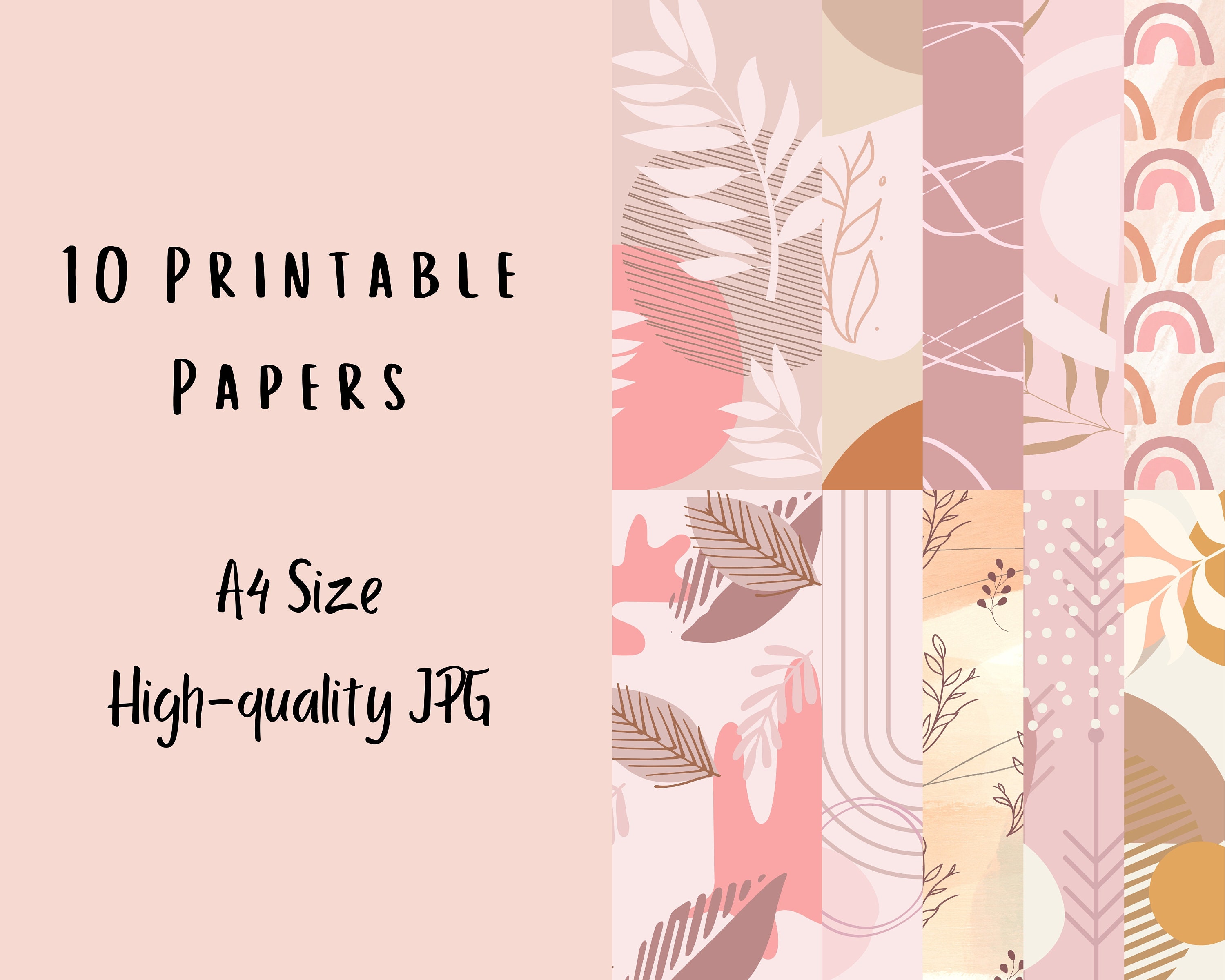 Boho Abstract Digital Paper Pink, 10 A4 Papers, Neutral Scrapbook Paper ...