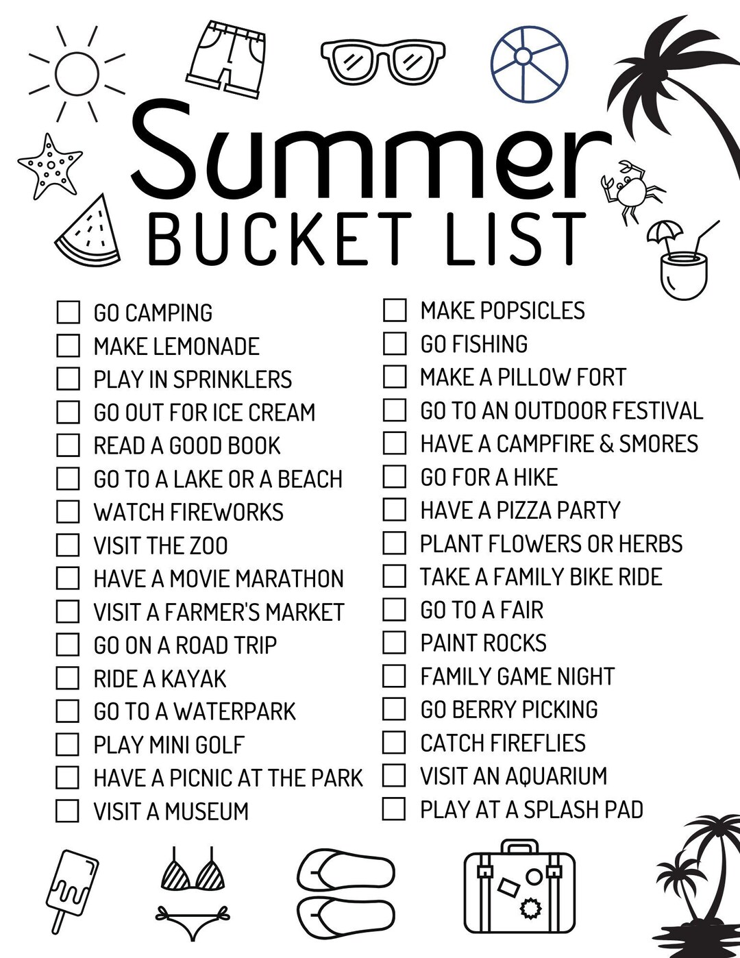 Summer Bucket List Printable/coloring Sheet/instant Download/summer Fun ...
