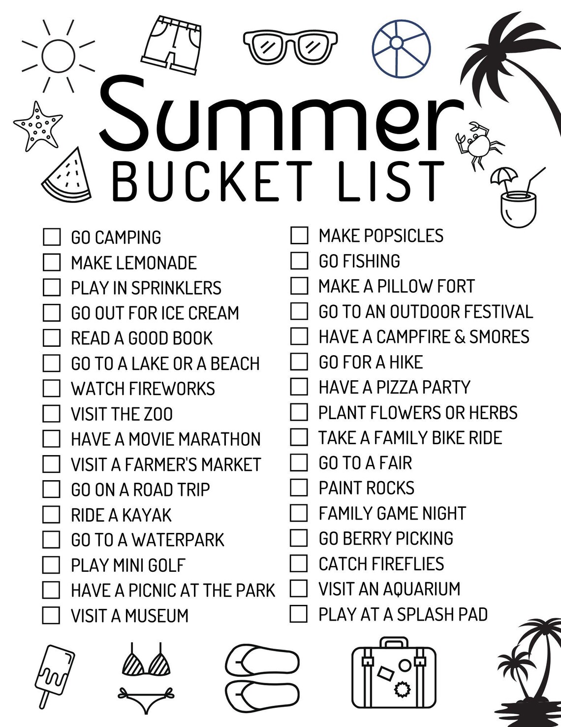Summer Bucket List Printable/coloring Sheet/instant Download/summer Fun ...
