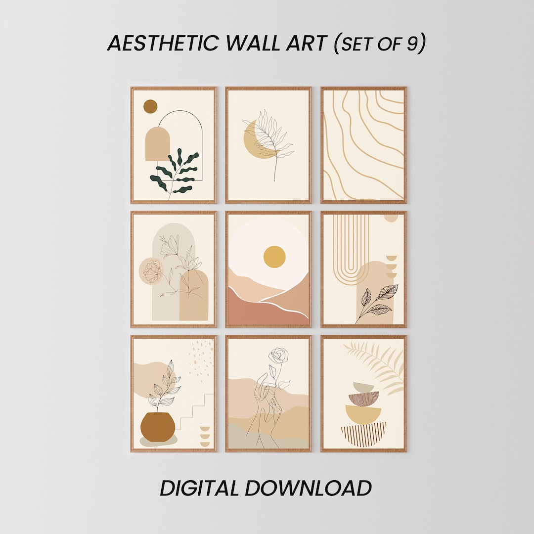 Aesthetic Boho Printable Wall Art (set of 9) Brown & Green Abstract ...
