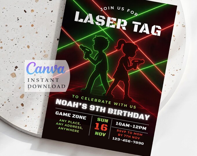 Editable Laser Tag Party Birthday Invitation Animals Neon Glow Arcade ...