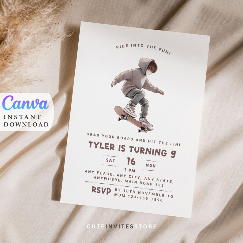 Boy Skateboard Party Printable Invitation Template Skateboarding Theme ...