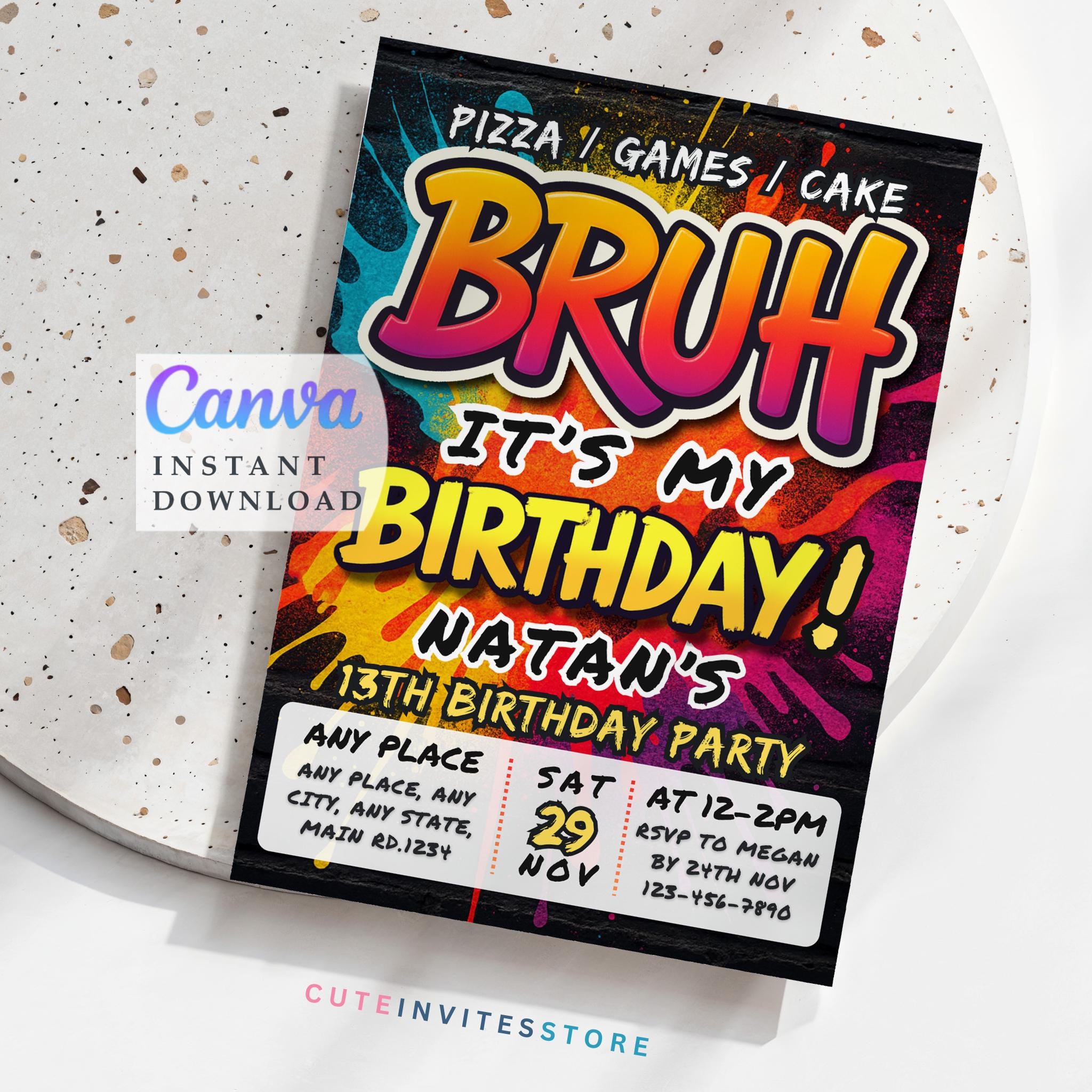 Bruh Graffiti Invite 13th Birthday: Editable Canva Template (digital ...