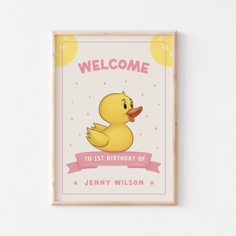 Pink Duck 1st Birthday Welcome Sign: Editable Girl Decor (digital ...