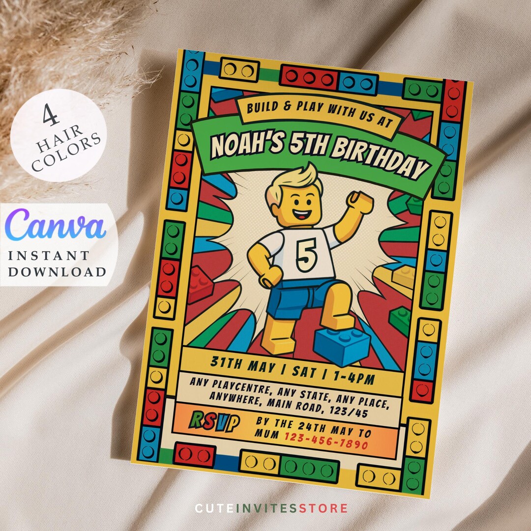 Building Block Birthday Invitation: Bricks Party, Editable Template ...