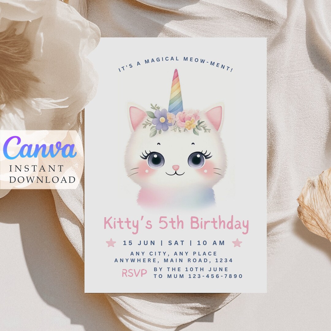 Cat Unicorn Party Unicat Invitation Kittycorn Invite, Unicorn Cat Card ...