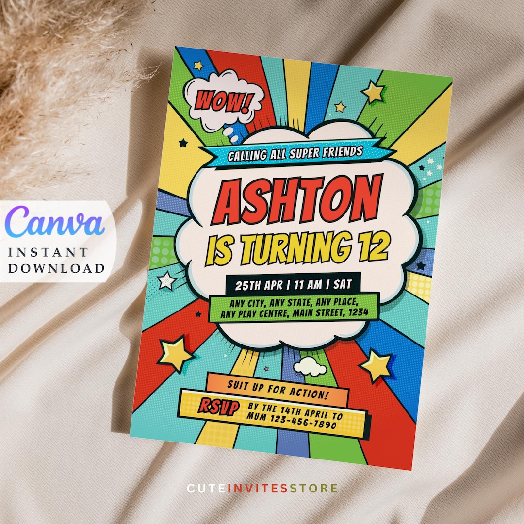 Superhero Birthday Invitation: Comic Book Style, Editable Template ...
