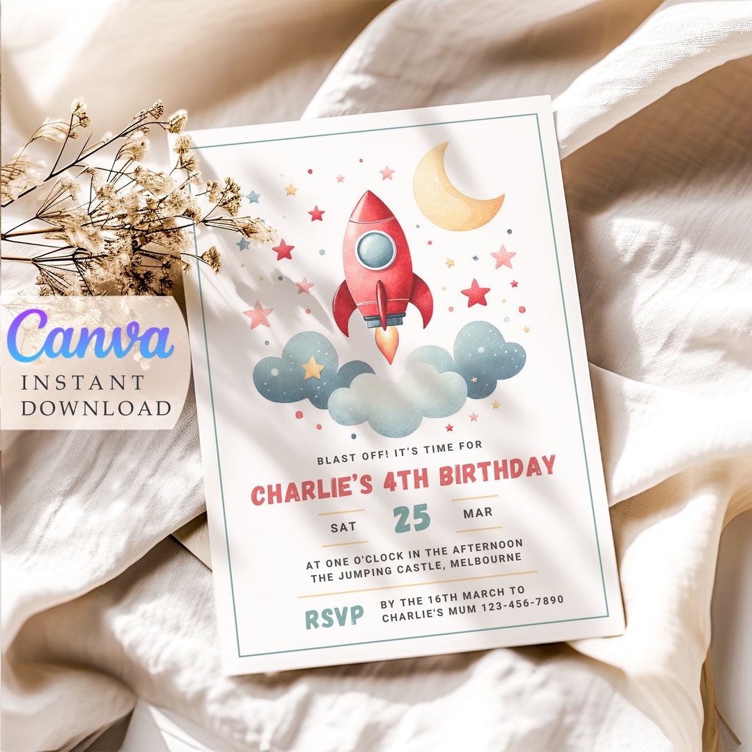 4th Birthday Space Rocketship Birthday Boys Party Invite 3 2 1 Blast ...
