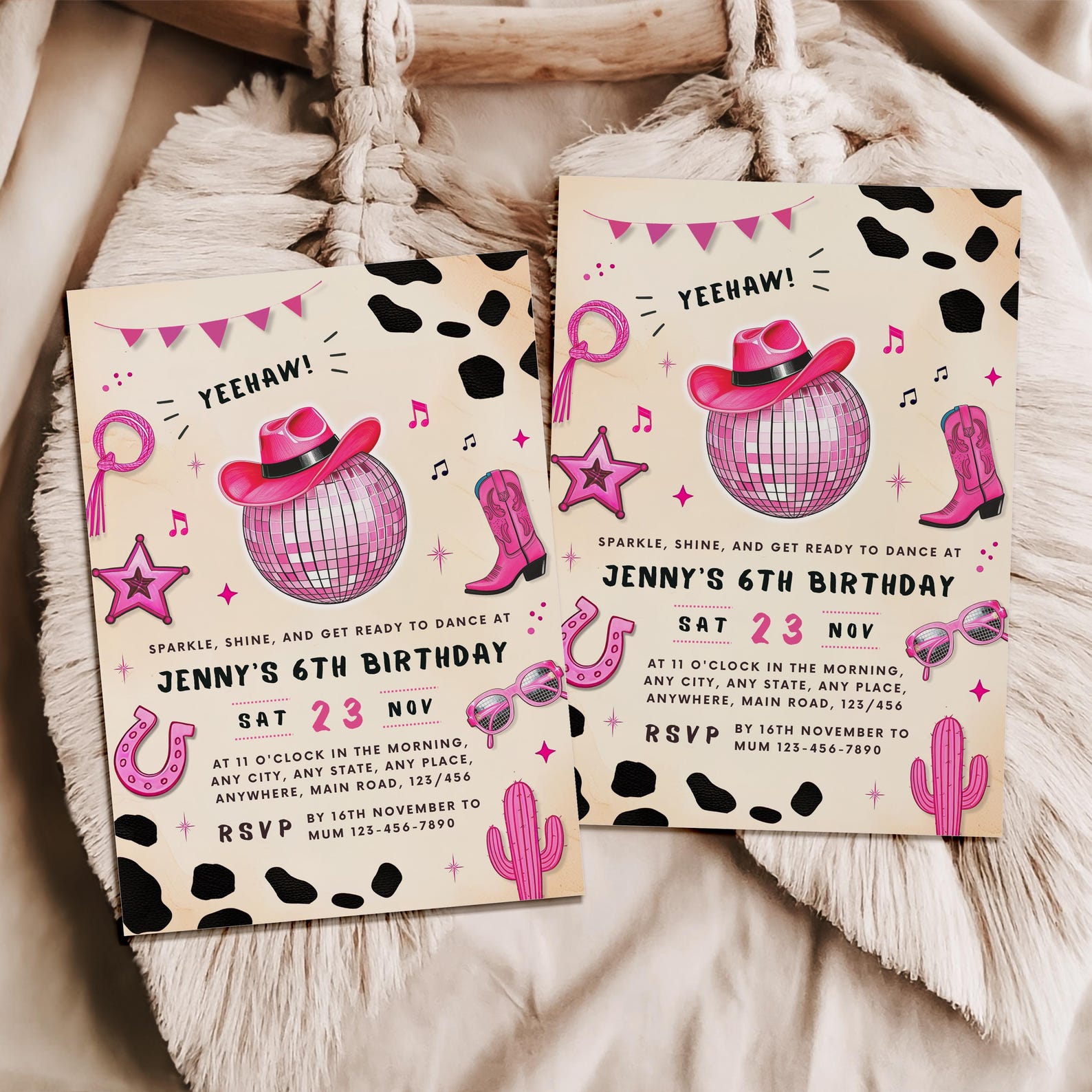 Pink Disco Cowgirl Birthday Invitation: Editable Party Template ...