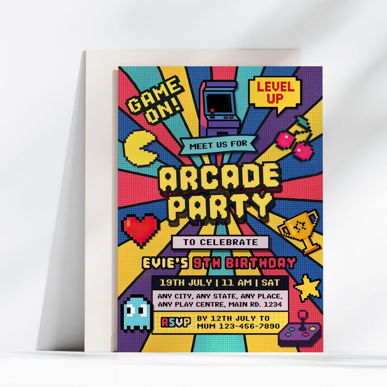 Retro Arcade Birthday Party Invitation: Neon Gaming, Girl's Invite ...