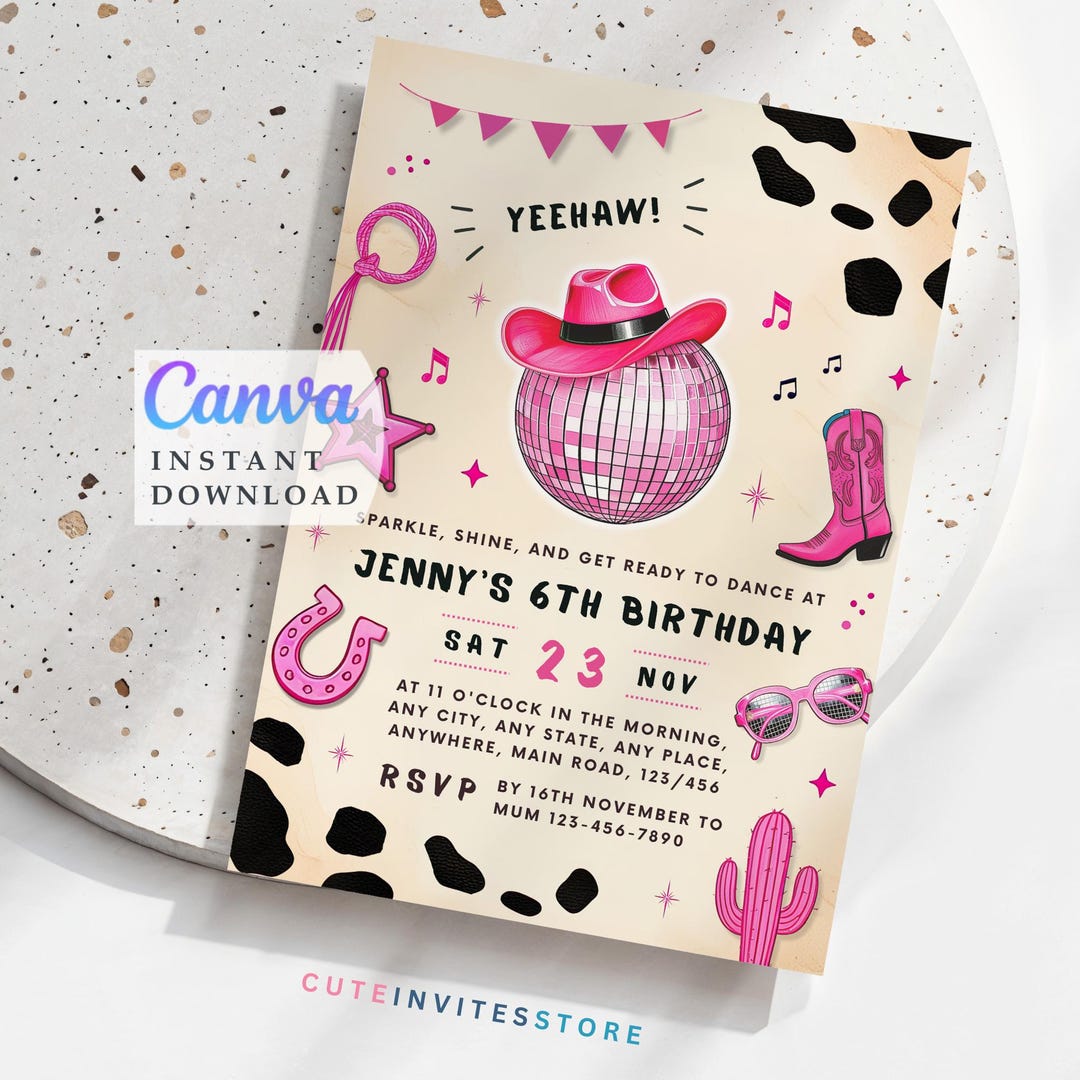 Pink Disco Cowgirl Birthday Invitation: Editable Party Template ...