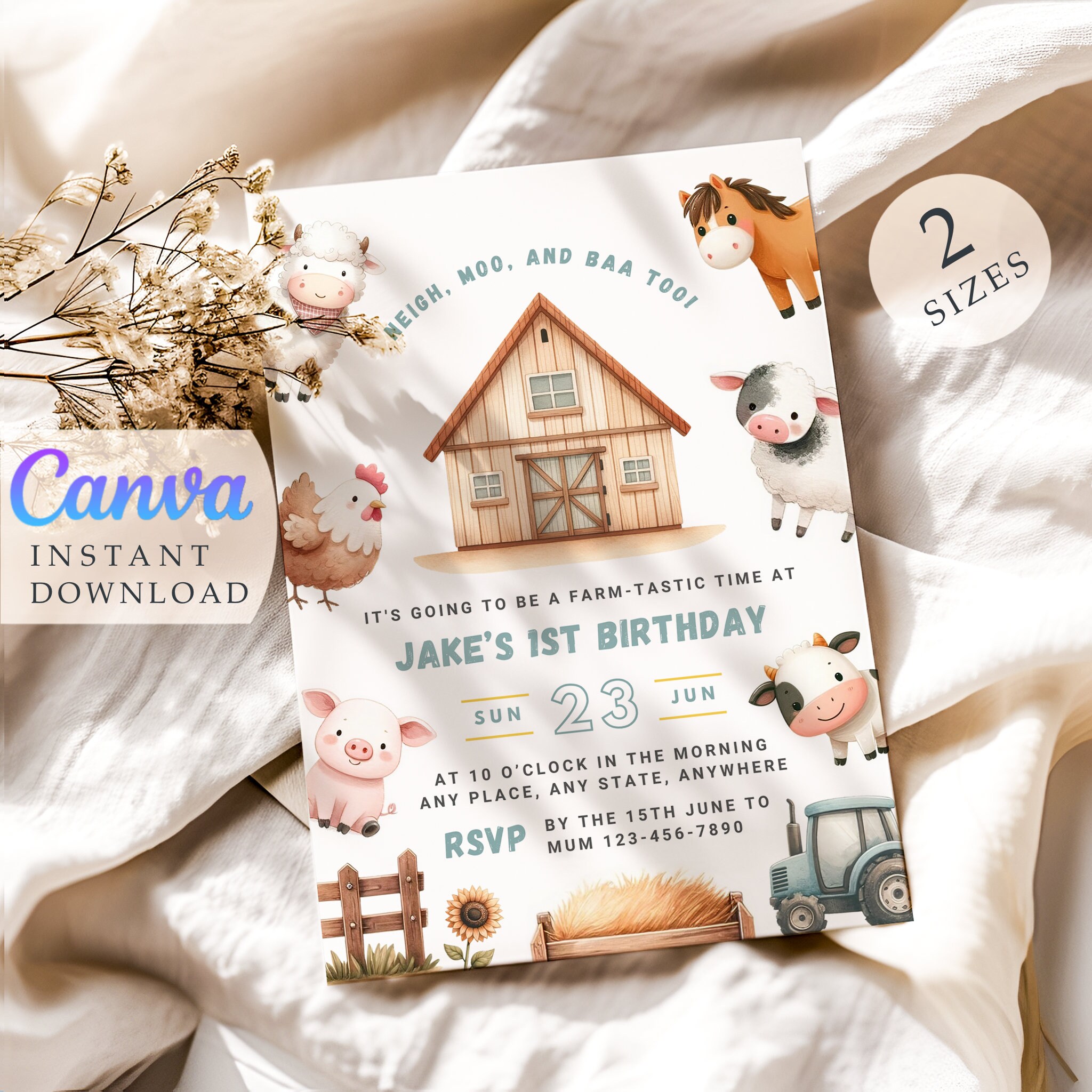 Boy Farm 1st Birthday Farm Animals Invite Editable Template Tractor Birthday Party Boys ...