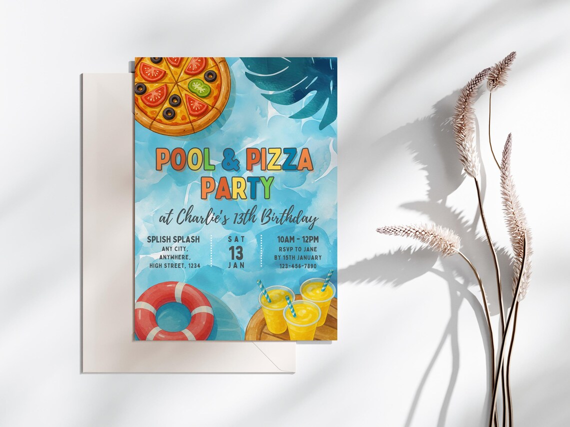 Pizza Pool Party Invitation: Editable Summer Birthday Template (digital ...