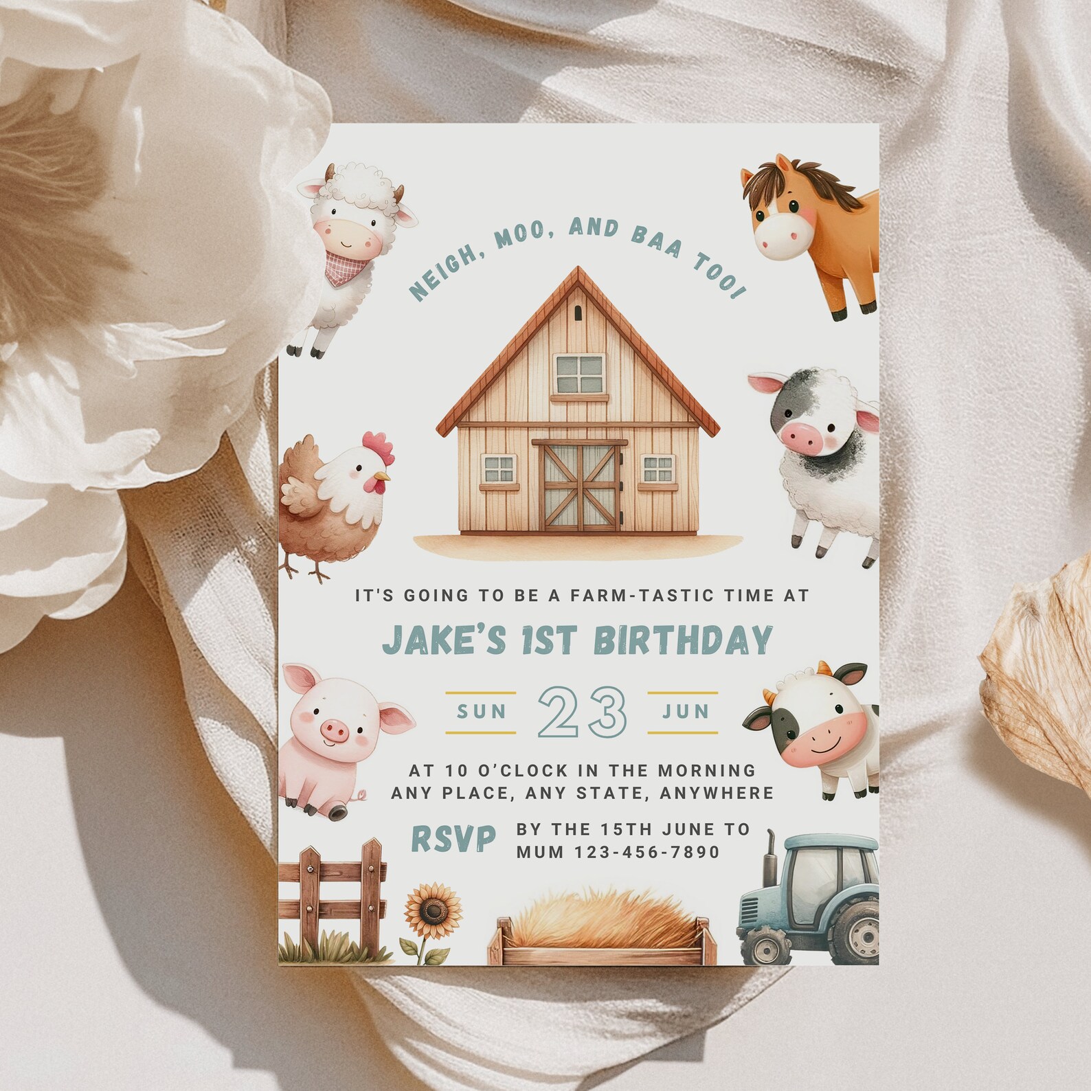 Boy Farm 1st Birthday Farm Animals Invite Editable Template Tractor ...